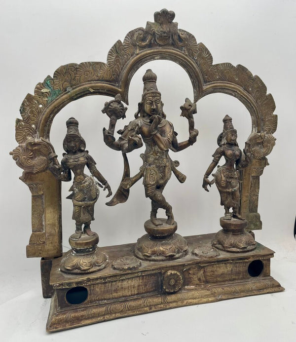 Vintage Brass Cast Statue Lord Vishnu Standing with Consorts Sridevi ...